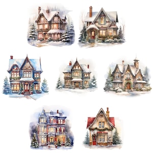 Christmas Houses Clipart, Christmas House PNG Bundle, Watercolor Winter ...