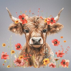 Watercolor Spring Cow Clipart Cute Floral Cow Illustration Highland Cow ...