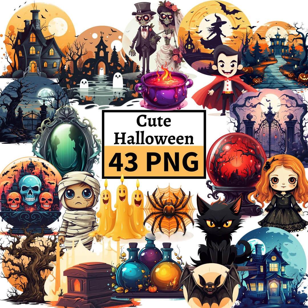 Cute Halloween Clipart Bundle, Haunted House Skeleton Mummy Witch ...