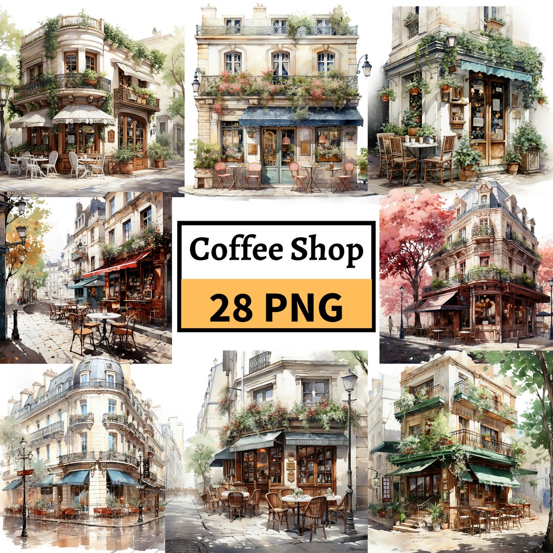 French Cafe Clipart Bundle, Watercolor Coffeeshop Illustration, Cozy ...