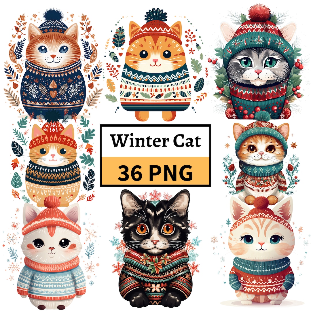 Christmas Cat Clipart, Winter Cat Illustration, Ugly Sweater Graphics ...