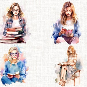 Book Lover Clipart Bundle, Watercolor Bookworm Clipart, Reading Girl ...