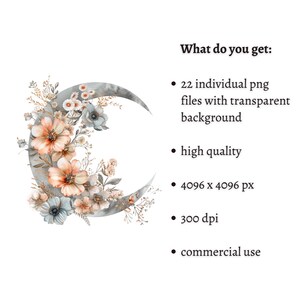 Watercolor Boho Floral Moon Clipart Bundle Celestial Illustrations ...