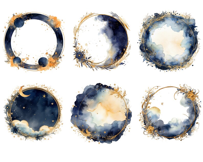 Watercolor Celestial Frame Clipart Bundle Gold and Navy Blue - Etsy