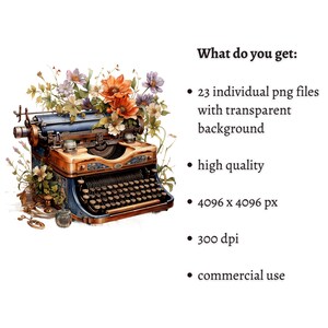 Watercolor Floral Typewriters Clipart, Vintage Typewriter PNG, Vintage ...
