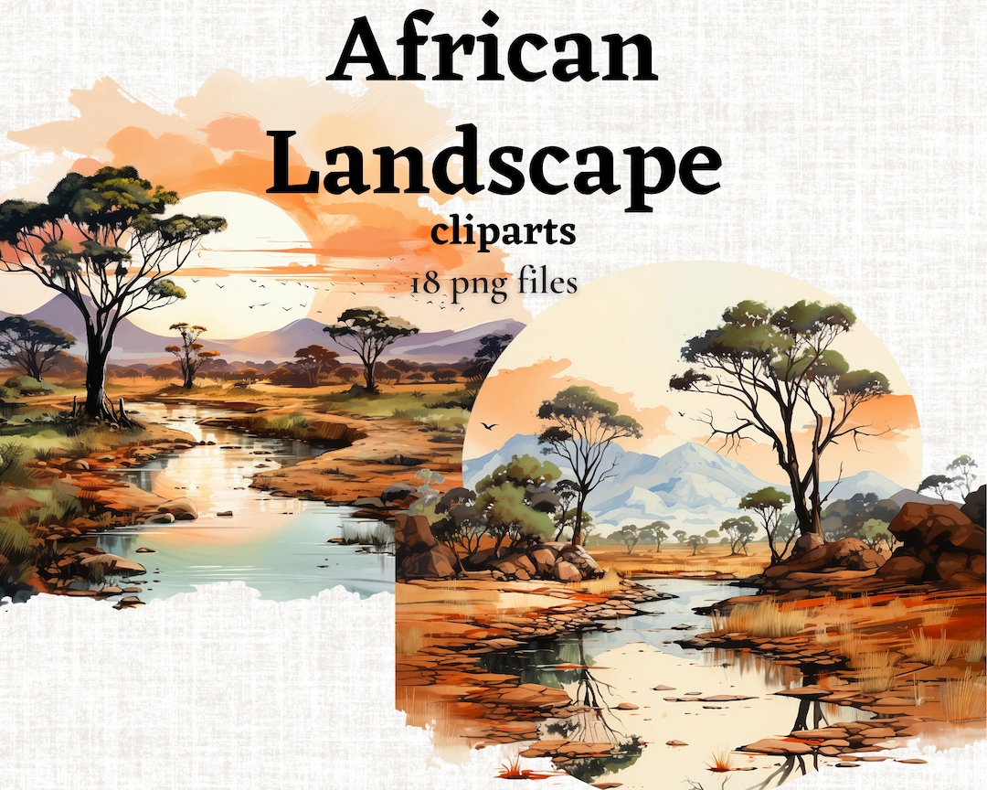 African Landscape Clipart Bundle, Watercolor Africa Clipart, Safari ...