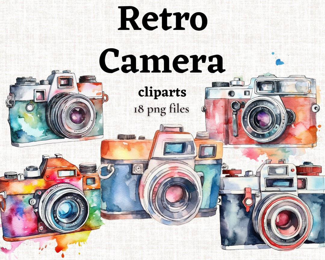 Retro Camera Clipart Bundle, Vintage Camera PNG, Watercolor Camera ...
