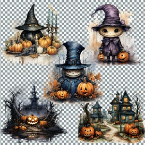 Watercolor Spooky Halloween Clipart, Jack-o-lantern Clipart, Haunted ...