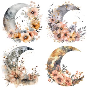 Watercolor Boho Floral Moon Clipart Bundle Celestial Illustrations ...