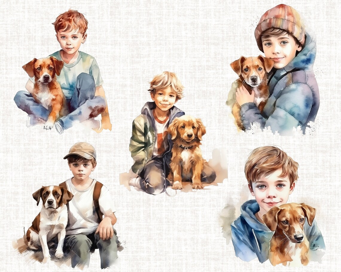 Boy With a Dog Clipart Boy and Dog Clipart Bundle Cute Boy - Etsy