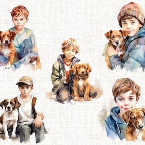 Boy With a Dog Clipart, Boy and Dog Clipart Bundle, Cute Boy Graphics ...