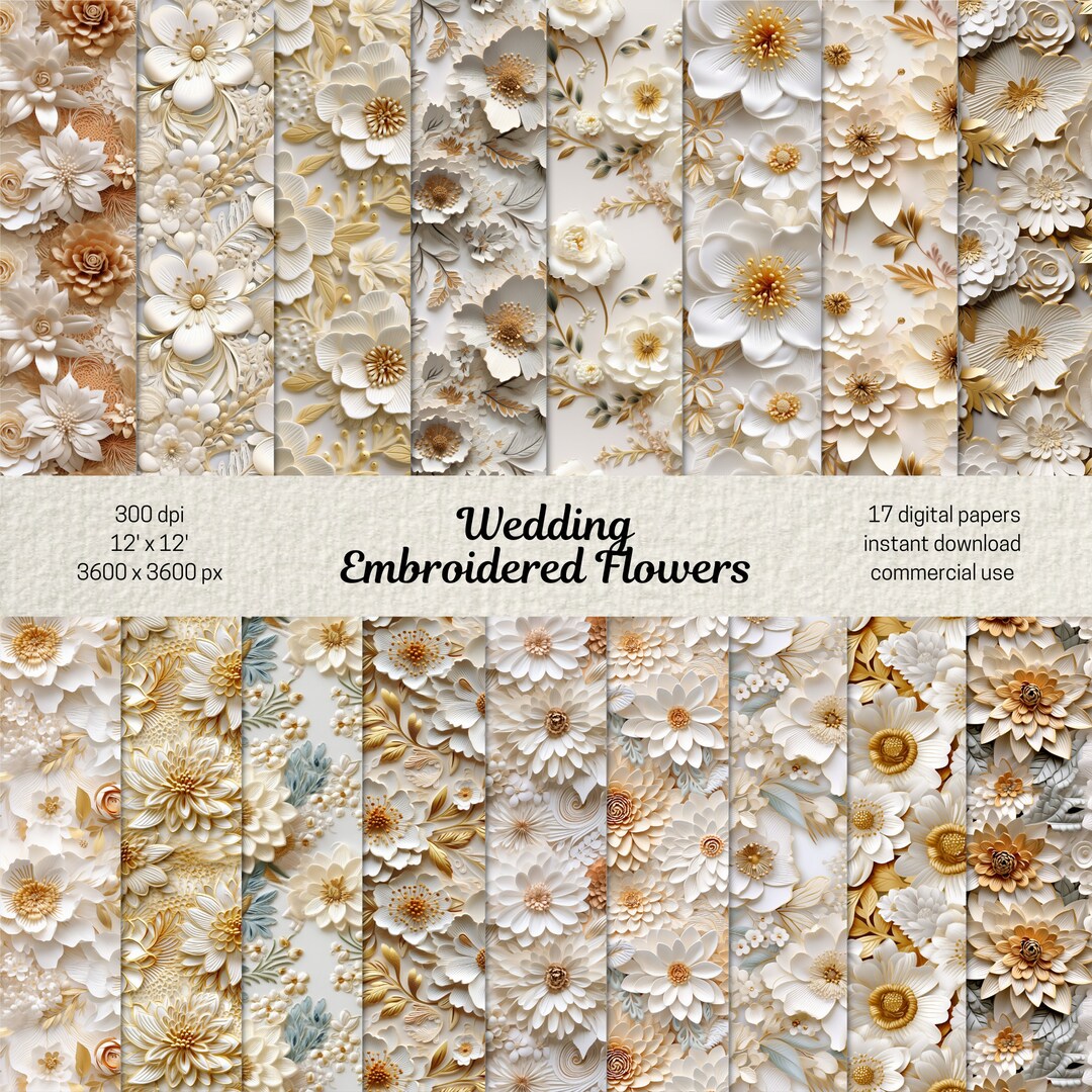 White Wedding Floral Digital Paper Bundle, Wedding Embroidered Flowers ...