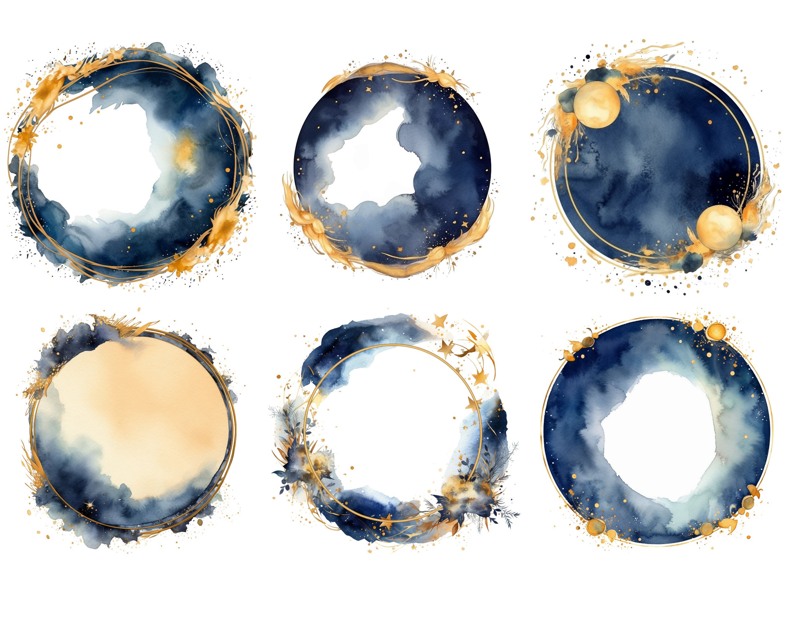Watercolor Celestial Frame Clipart Bundle Gold and Navy Blue - Etsy