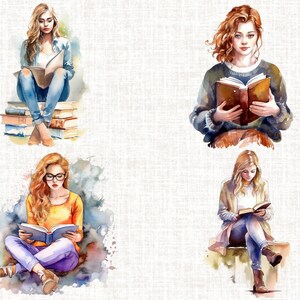 Book Lover Clipart Bundle, Watercolor Bookworm Clipart, Reading Girl ...