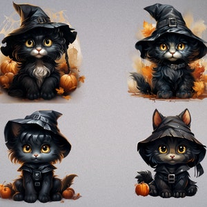 Witchy Cat Clipart, Black Cat Clipart Bundle, Cute Halloween Cat PNG ...
