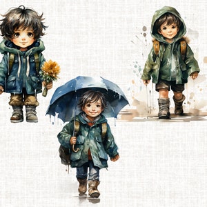 Cute Little Boy Clipart Bundle, Autumn Boy Cliparts, Boy in Raincoat ...