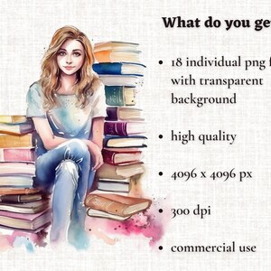 Book Lover Clipart Bundle, Watercolor Bookworm Clipart, Reading Girl ...