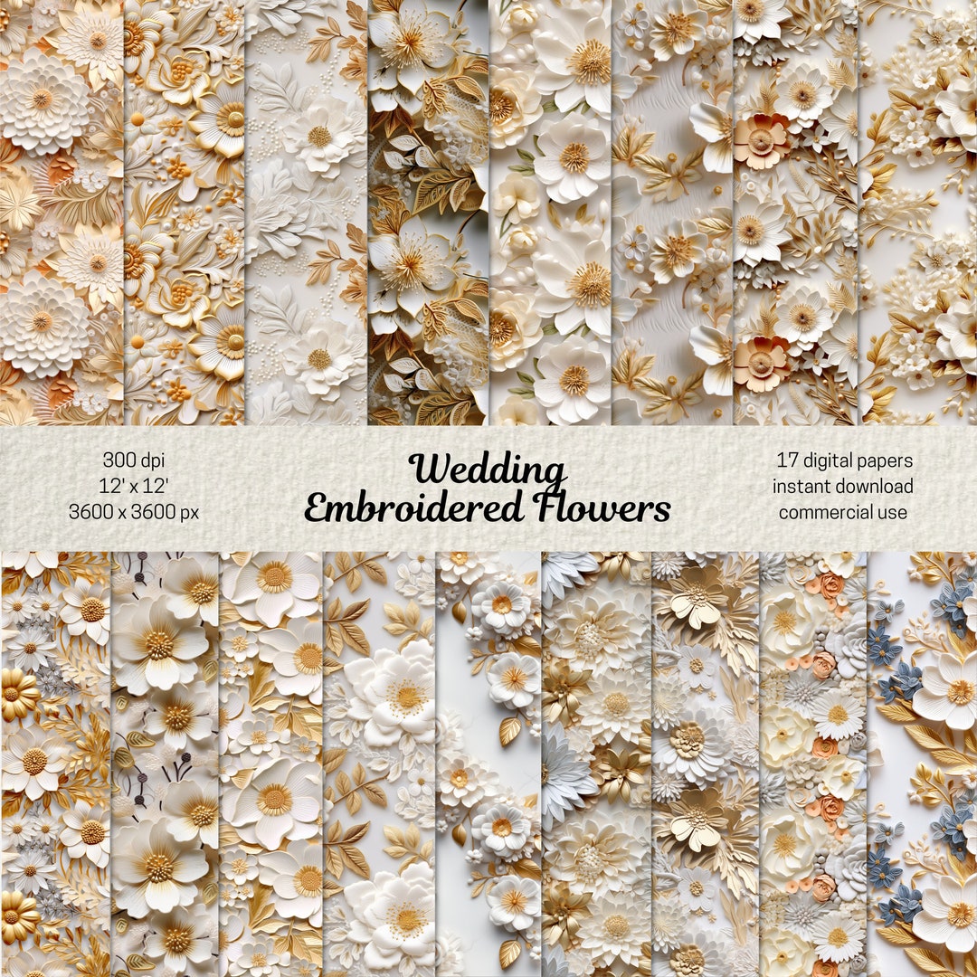 White Wedding Floral Digital Paper Bundle, Wedding Embroidered Flowers ...