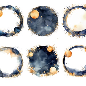 Watercolor Celestial Frame Clipart Bundle, Gold and Navy Blue Stars and ...