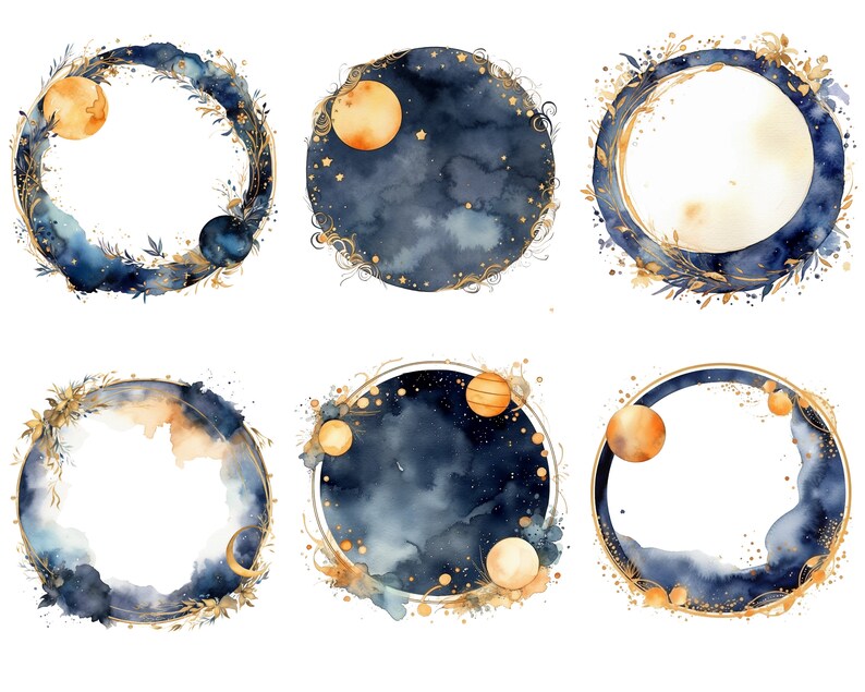 Watercolor Celestial Frame Clipart Bundle Gold and Navy Blue - Etsy