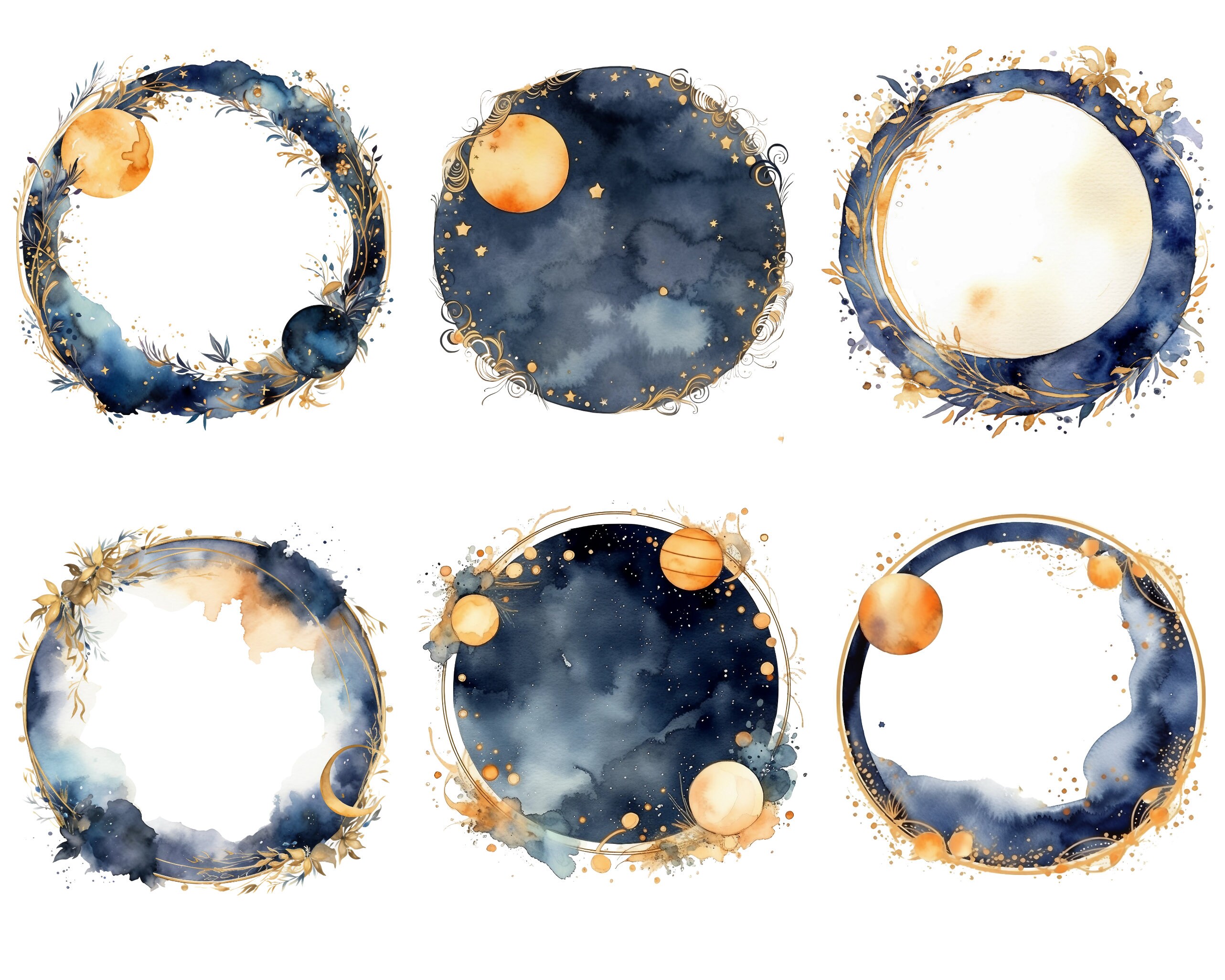 Watercolor Celestial Frame Clipart Bundle Gold and Navy Blue - Etsy