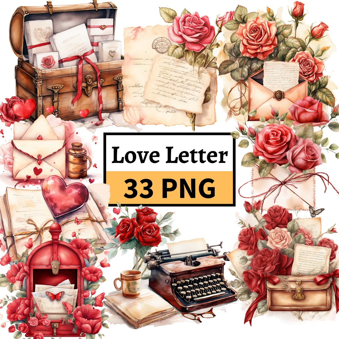 Love Letter Valentines Clipart, Watercolor Valentines Day Clipart ...