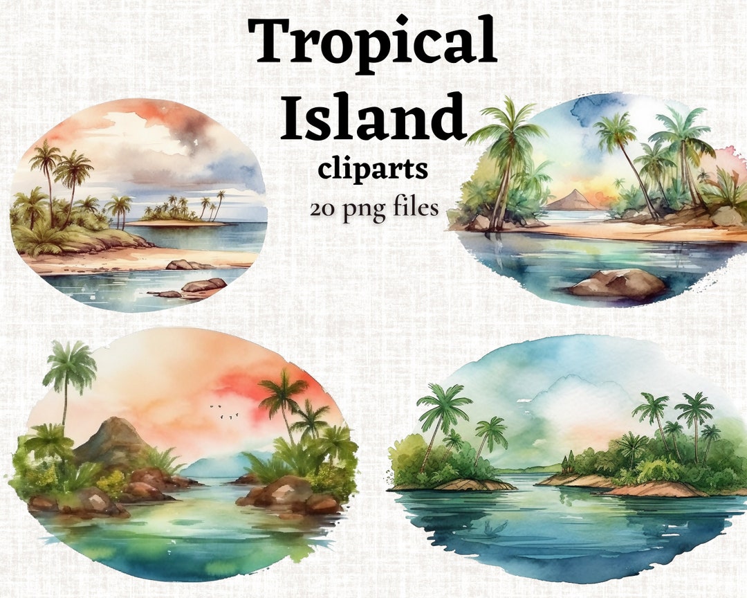 Tropical Island Clipart, Watercolor Tropical Beach PNG, Beach Landscape ...