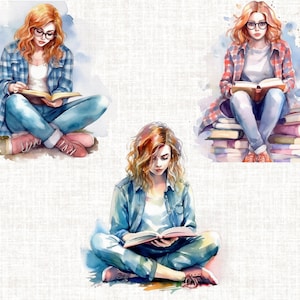 Book Lover Clipart Bundle, Watercolor Bookworm Clipart, Reading Girl ...