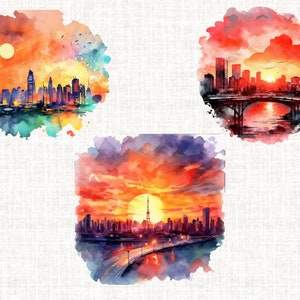 Sunset in the City Clipart Bundle, Watercolor City Sunset Images ...