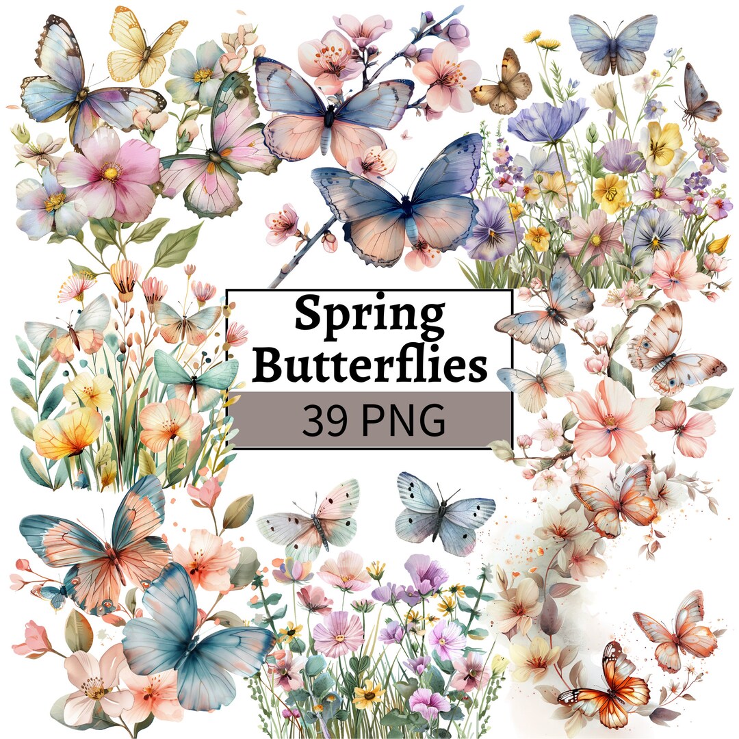 Spring Butterflies Clipart Bundle Watercolor Butterfly Flowers Graphics ...