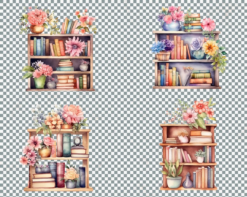 Watercolor Bookshelf Clipart Cozy Reading Clipart Bookcase - Etsy