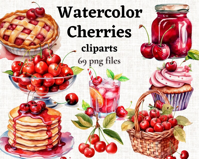 Watercolor Cherry Clipart Bundle Cherry-themed PNG - Etsy