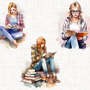 Book Lover Clipart Bundle, Watercolor Bookworm Clipart, Reading Girl ...