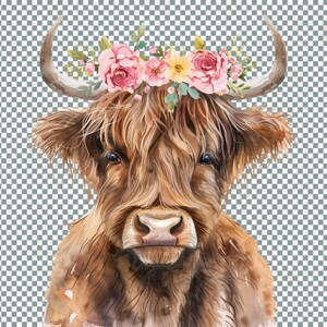 Watercolor Spring Cow Clipart Cute Floral Cow Illustration Highland Cow ...