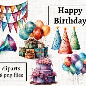Watercolor Birthday Party Clipart Bundle, Birthday Clipart Bundle, Bday ...
