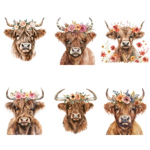 Watercolor Spring Cow Clipart Cute Floral Cow Illustration Highland Cow ...