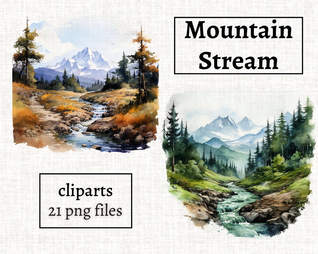 Mountain Stream Clipart Bundle, Watercolor Mountain Landscape Clipart ...