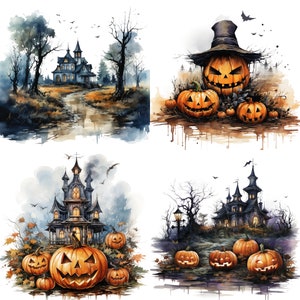 Watercolor Spooky Halloween Clipart, Jack-o-lantern Clipart, Haunted ...