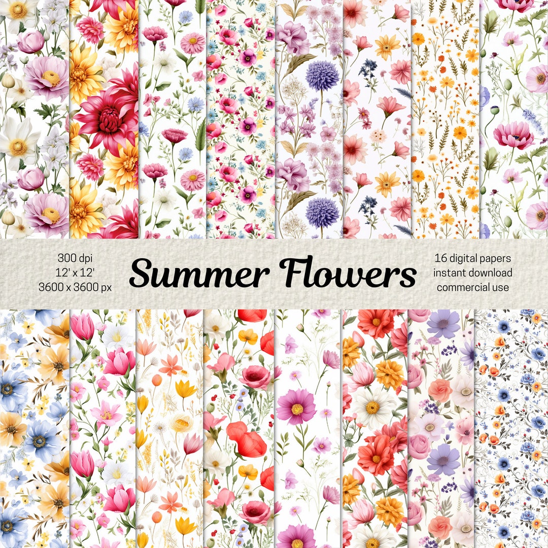 Floral Digital Paper, Summer Flowers Digital Paper, Flowers Seamless ...