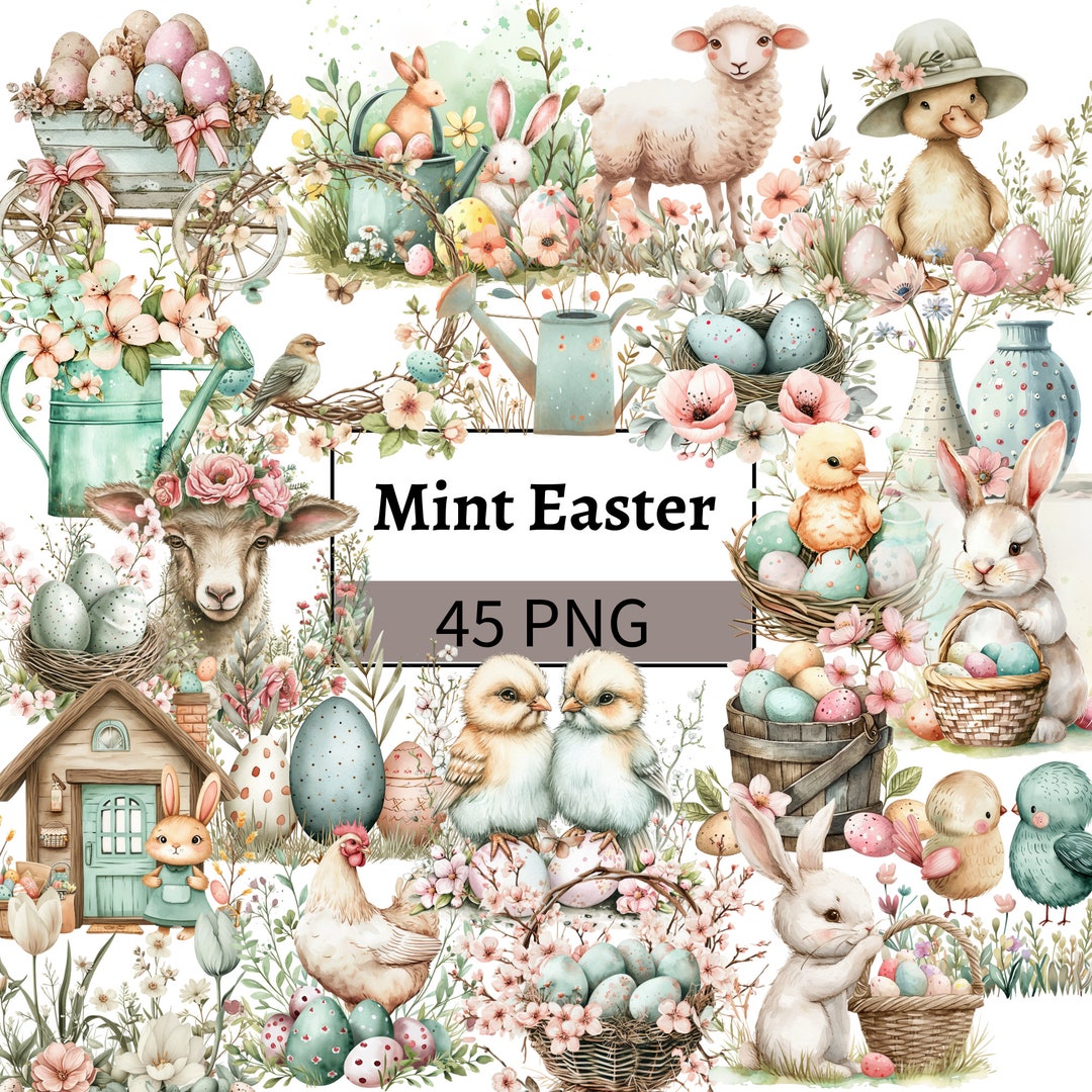 Watercolor Easter Clipart Bundle Pastel Mint Beige Easter Illustrations ...