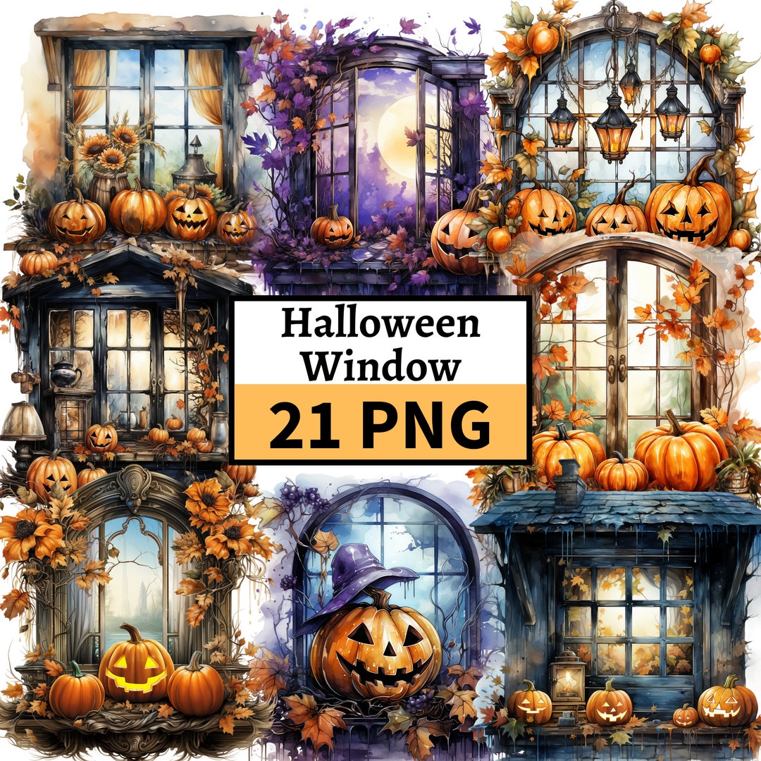 Halloween Window Clipart, Pumpkin Window Watercolor Clipart, Halloween ...