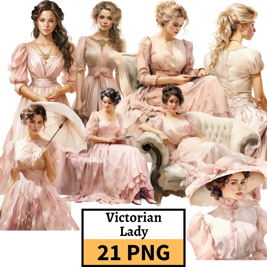 Victorian Lady Portrait Clipart Bundle PNG, Dusty Pink Dress ...