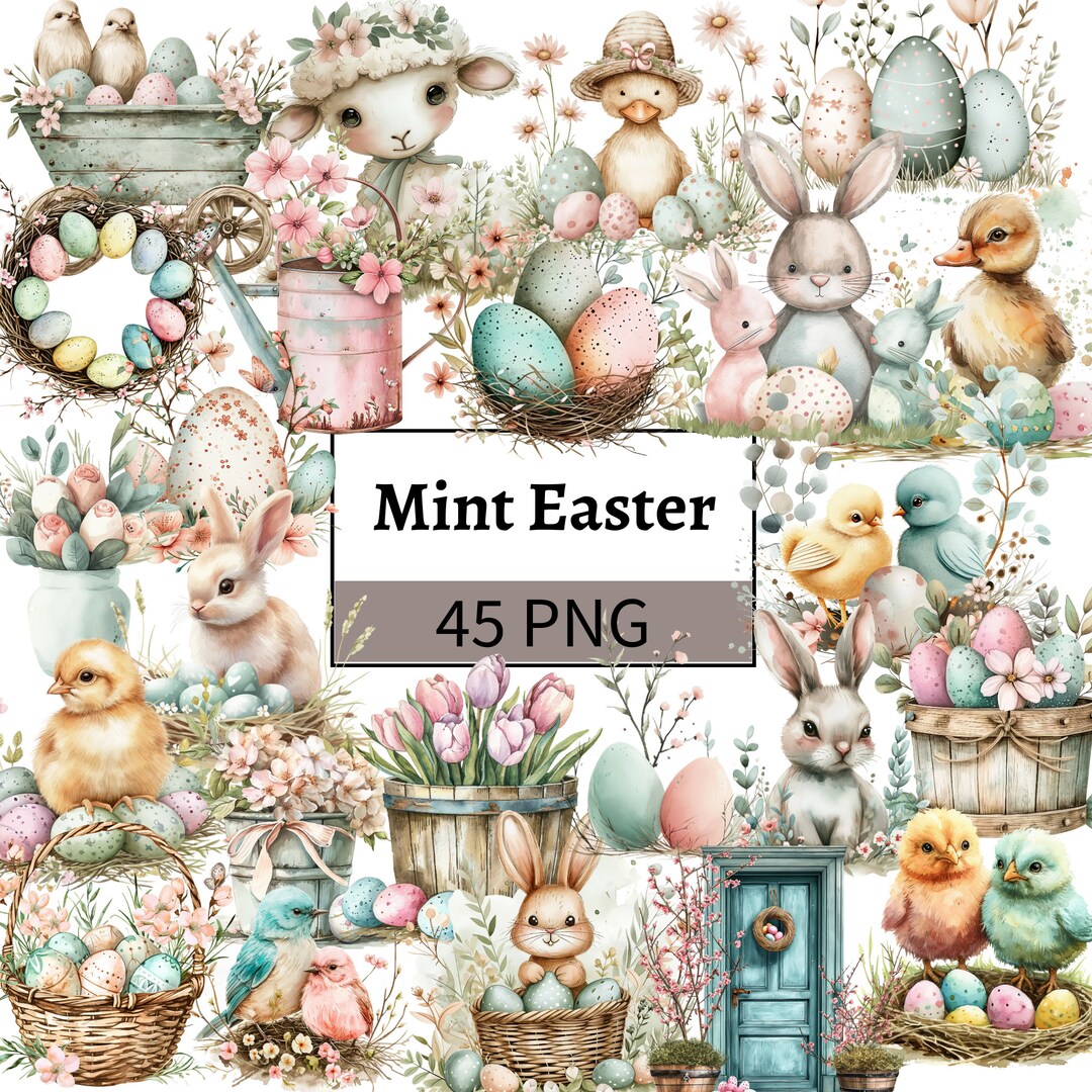 Watercolor Easter Clipart Bundle Pastel Mint Beige Easter Illustrations ...