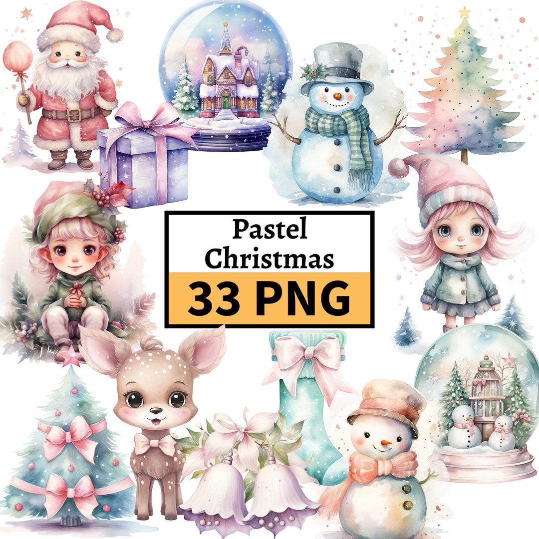 Pastel Christmas Clipart Bundle, Pink Tis the Season PNG, Watercolor ...