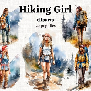 Hiking Girl Clipart, Girl in the Mountains PNG, Watercolor Wanderlust ...