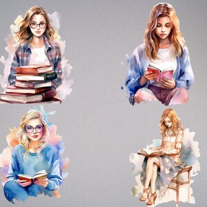 Book Lover Clipart Bundle, Watercolor Bookworm Clipart, Reading Girl ...