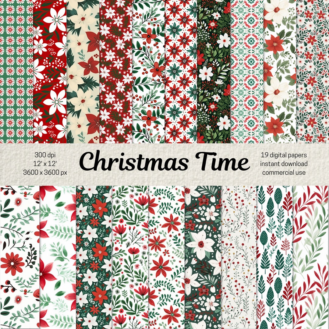 Christmas Digital Paper, Christmas Flowers Background, Christmas ...