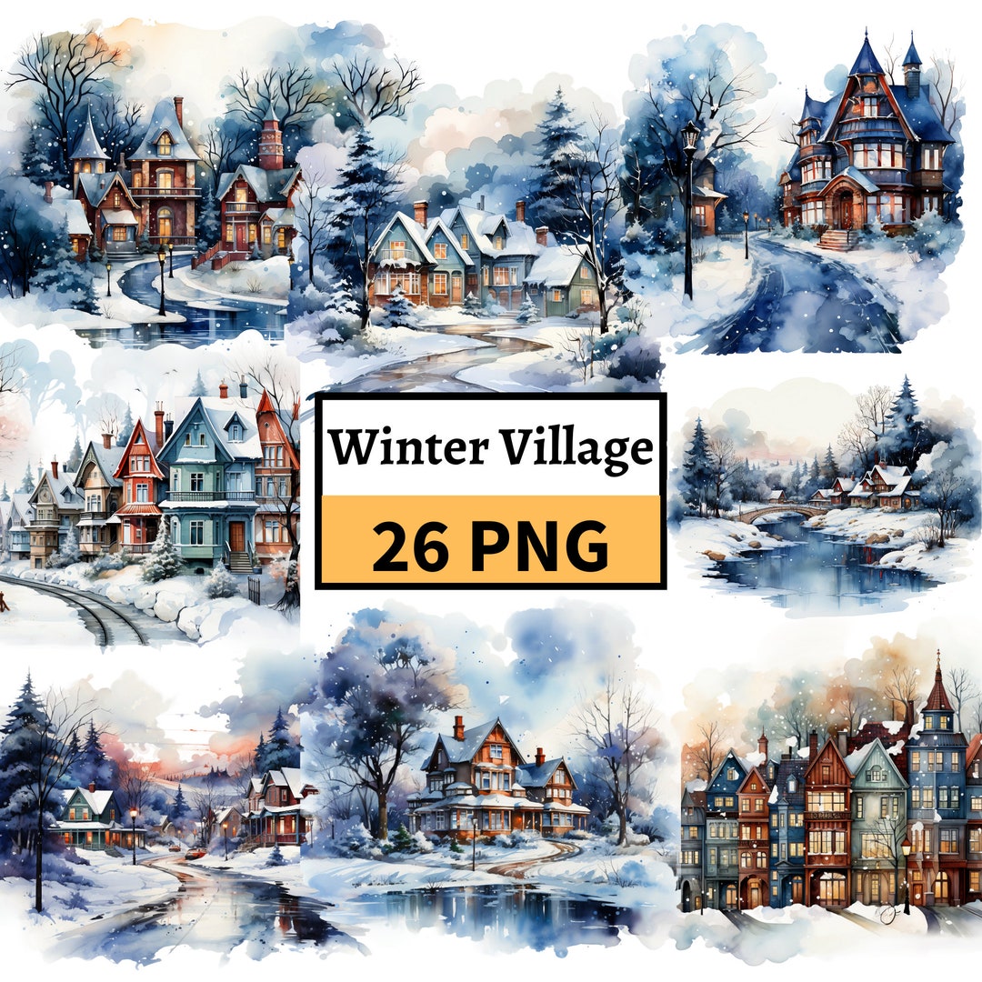 Winter Village Clipart Bundle, Winter Wonderland PNG, Watercolor Winter ...