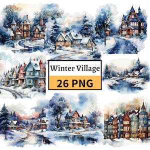 Winter Village Clipart Bundle, Winter Wonderland PNG, Watercolor Winter ...