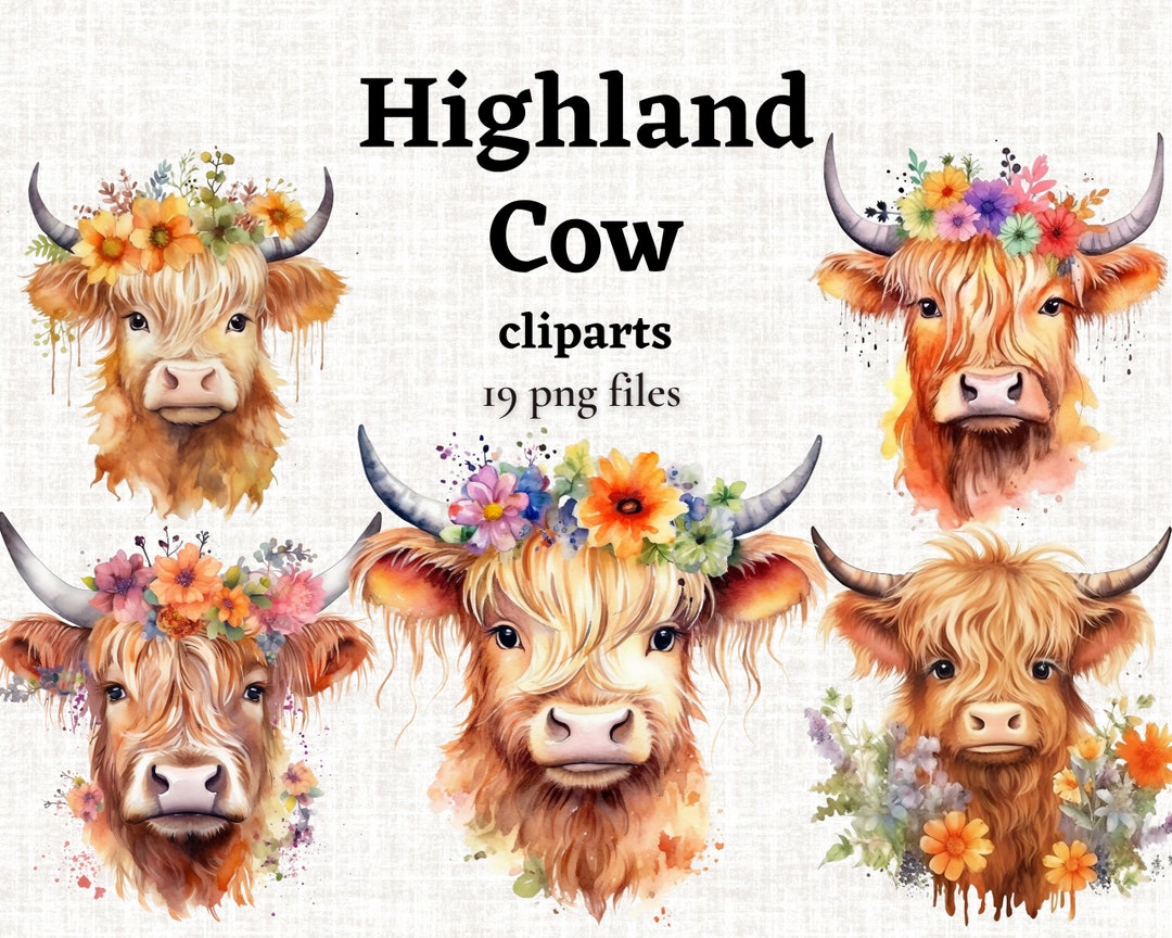 Cute Highland Cow Clipart, Watercolor Floral Highland Cow, Floral ...